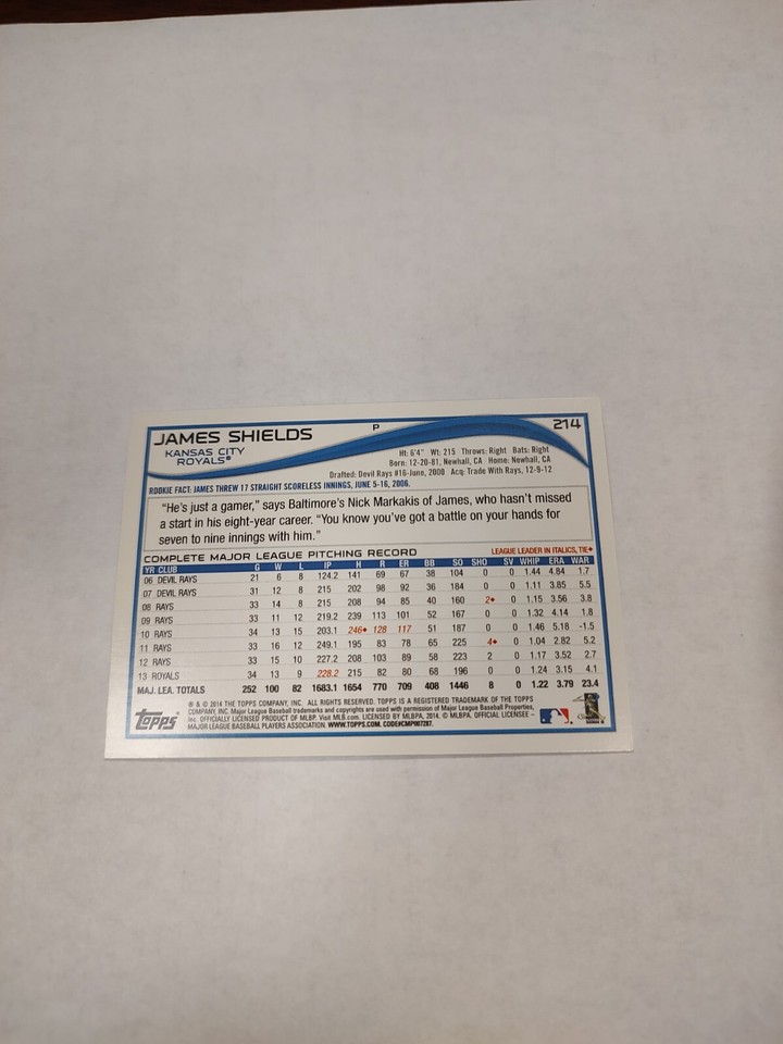 2014 Topps Wal-Mart Blue James Shields #214 (PWE) | eBay