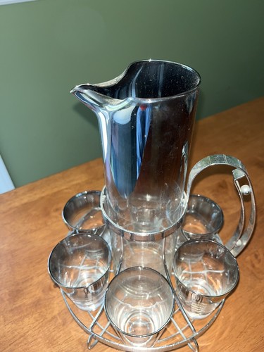 MCM VITREON QUEENS LUSTER SILVER FADE COCKTAIL SET BARWARE CHROME CADDY ...