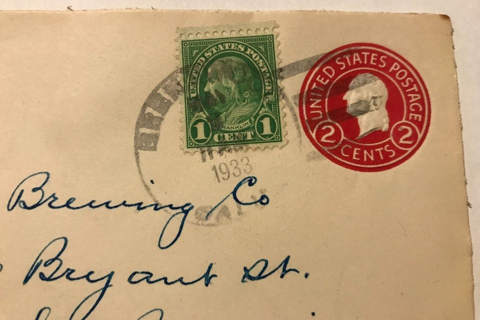 1933 1 Cent Stamped Envelope with an Embossed Pre-Paid 2 Cent Postage ...