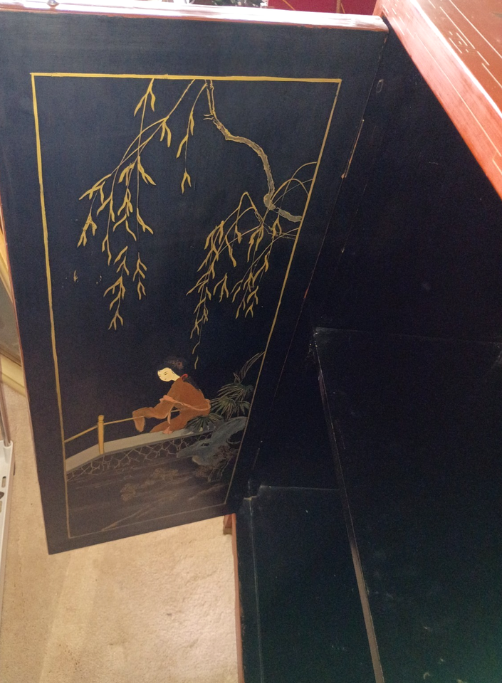 19th C. Chinese Red Lacquered Chinoiserie Cabinet Hand Paint Motifs ...