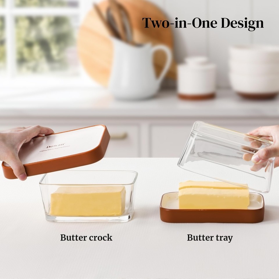 Glass Butter Dish with Ceramic Lid, Large Butter Container for 3 Sticks ...