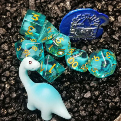Sage's Familiars - Blue Baby Brachiosaurus Resin Polyhedral Dice Set ...