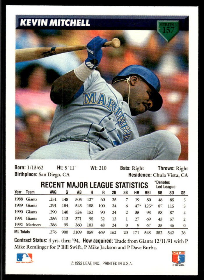 1993 Donruss 157 Kevin Mitchell Seattle Mariners Baseball Card | eBay