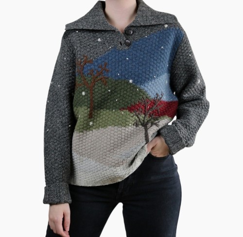 Vtg Woolrich Sweater Womens Large Blue Lambs Wool Winter Scene Trees ...