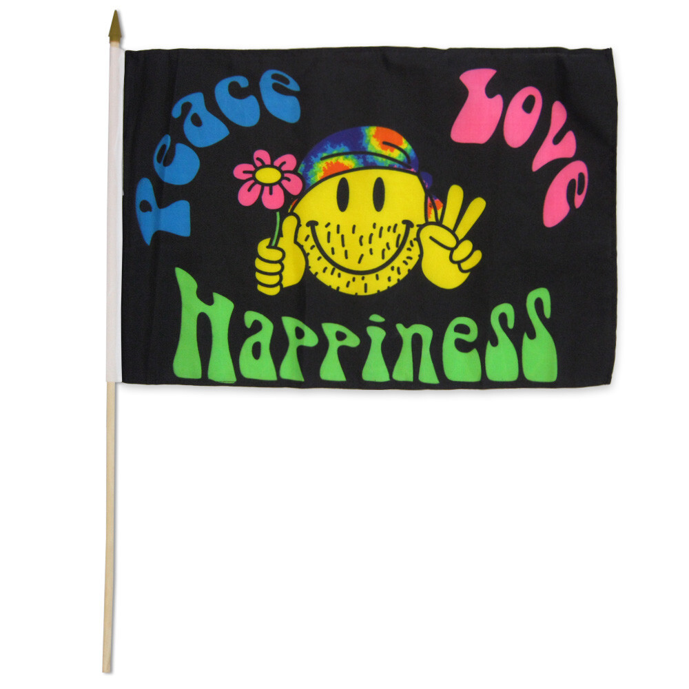 1 Dozen Peace Love & Happiness Sign Stick Flags 12x18in Handheld Peace ...