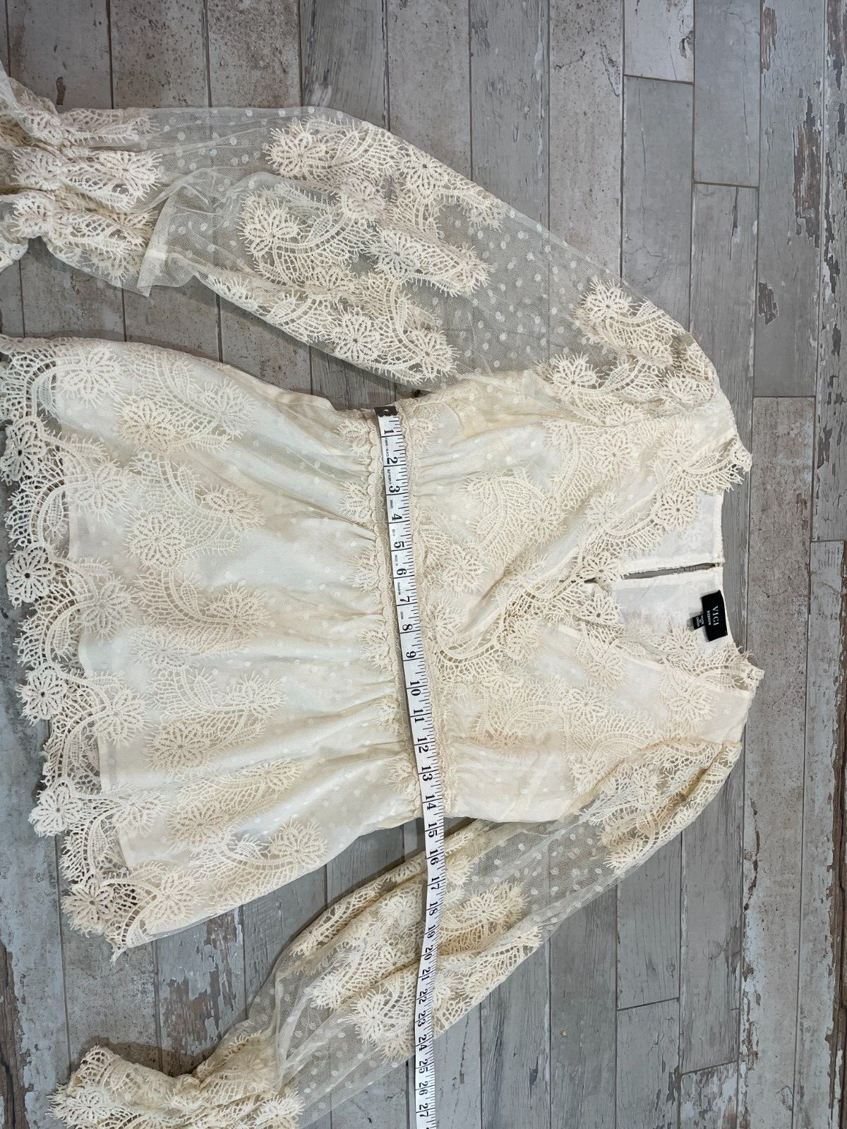 VICI Blouse Ivory Sheer Lace Overlay Long-Gathered-Sl… - Gem