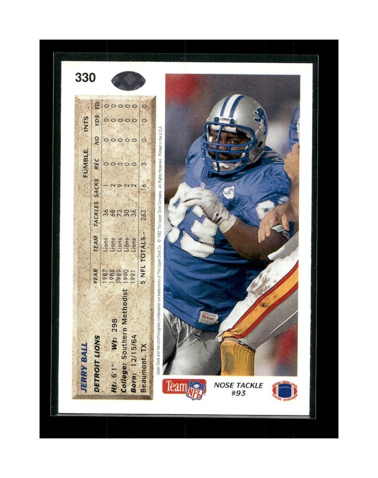 1992 Upper Deck Jerry Ball #330 Detroit Lions FOOTBALL | eBay