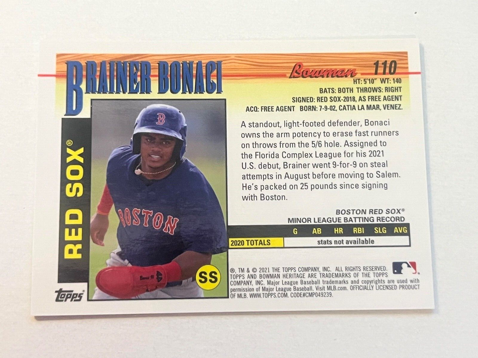 BRAINER BONACI 2021 BOWMAN HERITAGE YELLOW ROOKIE /75 RED SOX #110 | eBay