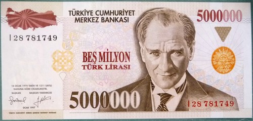 TURKEY 5000000 5 000 000 5 MILLION LIRA UNC NOTE, P 210, issued 1997 | eBay