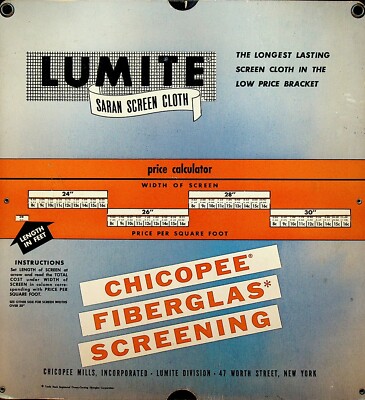 Lumite Saran Screen Cloth Price Calculator 1955 Chicopee Mills ...