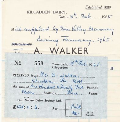 A. Walker Kilcadden Dairy 1965 Milk Suppl. Finn Valley Invoice ...