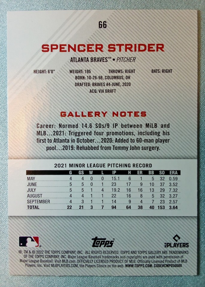 2022 Topps Gallery - #66 Spencer Strider (RC) | eBay