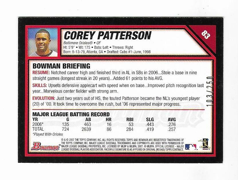 Corey Patterson 2007 BOWMAN BASEBALL MLB ORANGE BORDER CARD #83 Orioles ...