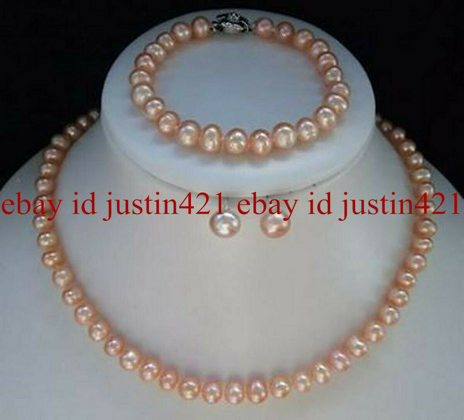 Natural 7-8mm Pink Real Pearl Necklace Bracelet Earrings Jewelry Set 18 ...