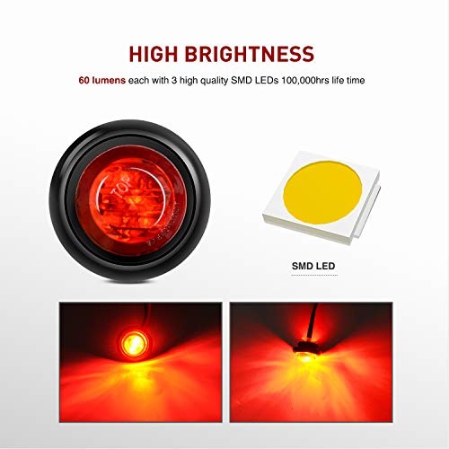 10 PCS 3/4 Inch Round Mini LED Clearance Light LED Front Rear Red+Amber ...