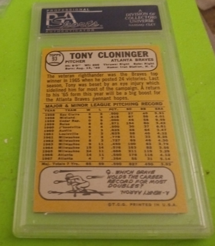 1968 Tony Cloninger Topps MLB Baseball Card #93 Atlanta Braves PSA 8 NM ...