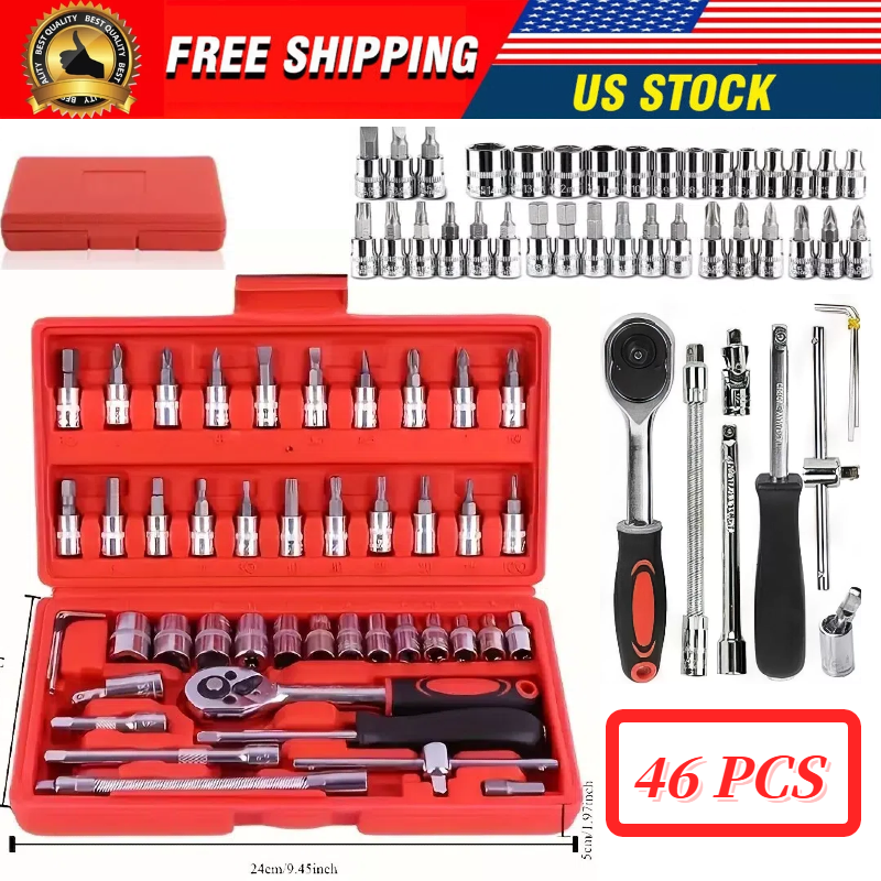 46 Pcs Socket Wrench Set 1/4" Drive Ratchet Metric Kit Garage Car ...