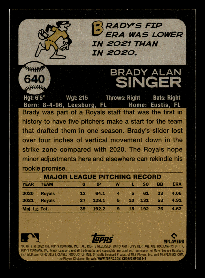 2022 Topps Heritage Brady Singer #640 Centered Mint High Number | eBay