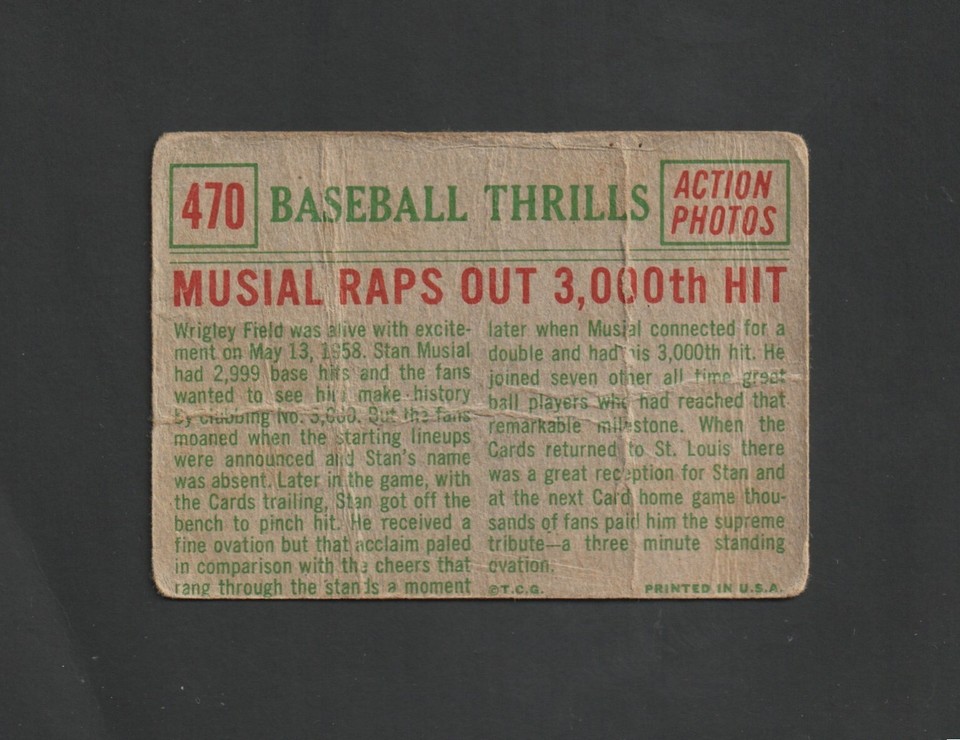 1959 Topps Stan Musial Raps out 3,000th Hit ~ Baseball Thrills #470 ...