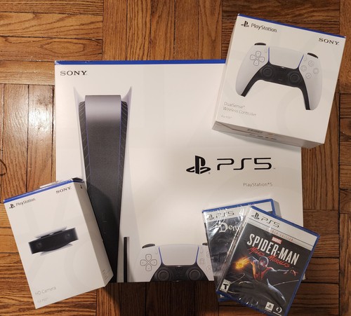 NEW Sony PS5 Disc Edition Console w/ 2 Games, Controller, and HD Camera ...