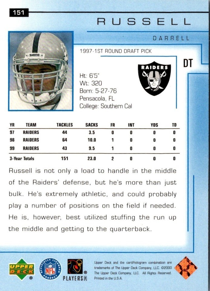 2000 Upper Deck Darrell Russell #151 Oakland Raiders Football Card | eBay