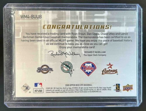 2009 SPx Ryan Braun Uggla Chase Utley Berkman Winning Materials Jersey ...