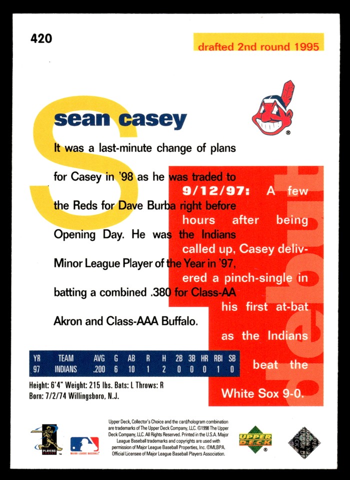 1998 Collector's Choice #420 Sean Casey Rookie Cleveland Indians | eBay