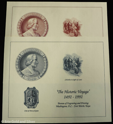1492-1992 BEP Print Columbus Historic Voyage Souvenir Cards B157 & B160 ...