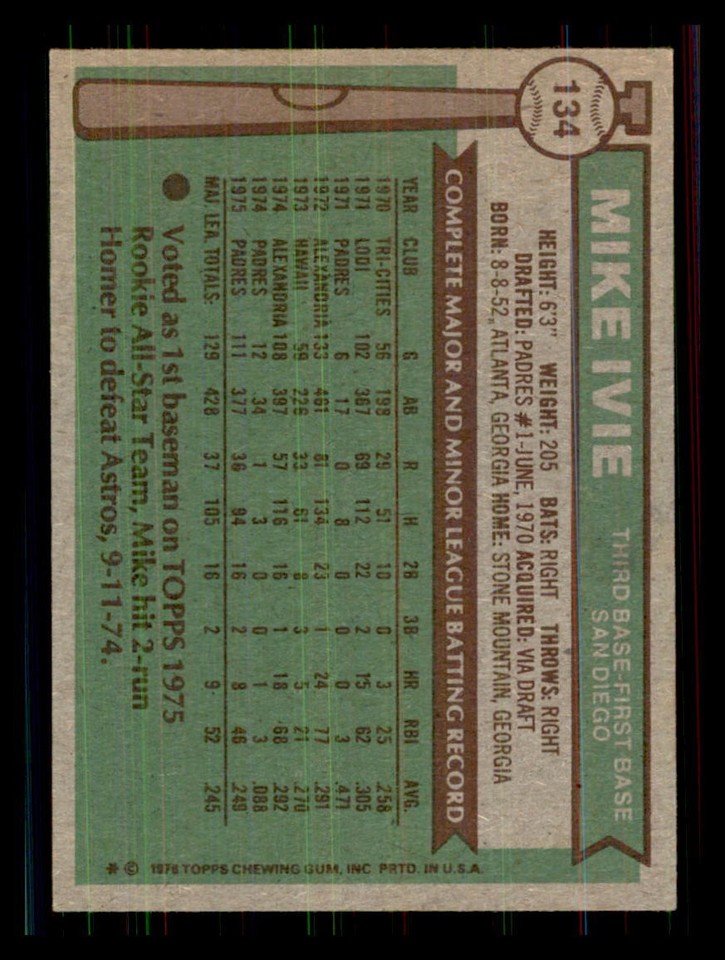 1976 Baseball Topps Mike Ivie San Diego Padres #134 AS RC2 | eBay