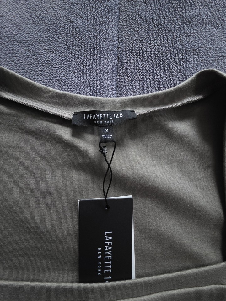 Lafayette 148 New York square-neck short-sleeve top in olive/grey color ...