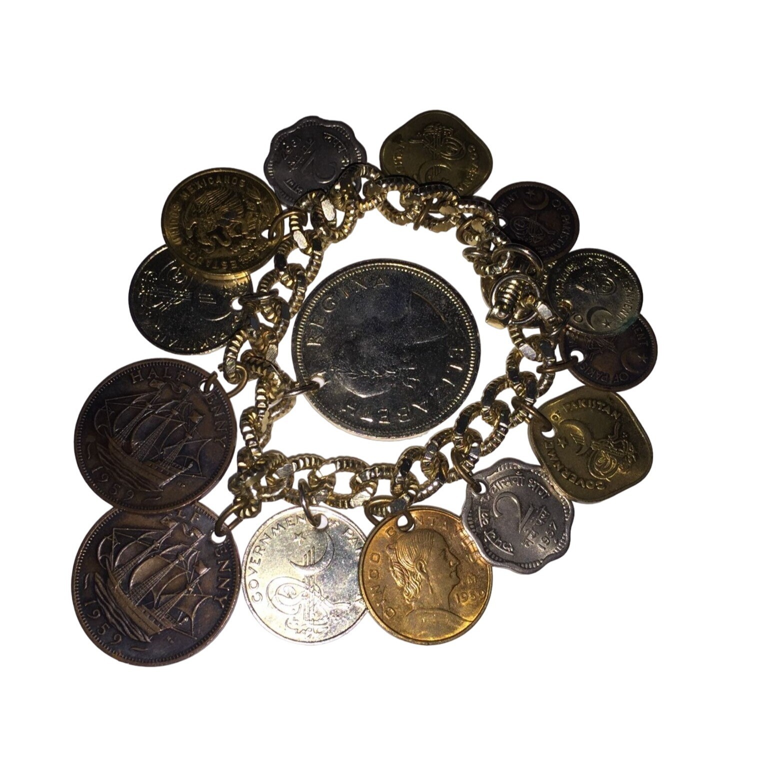 Vintage 1950s Older Foreign Coin Bracelet - Coins fro… - Gem