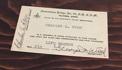 Ansantawae Milford Connecticut Life Mason Member Card-Charles Stow ...