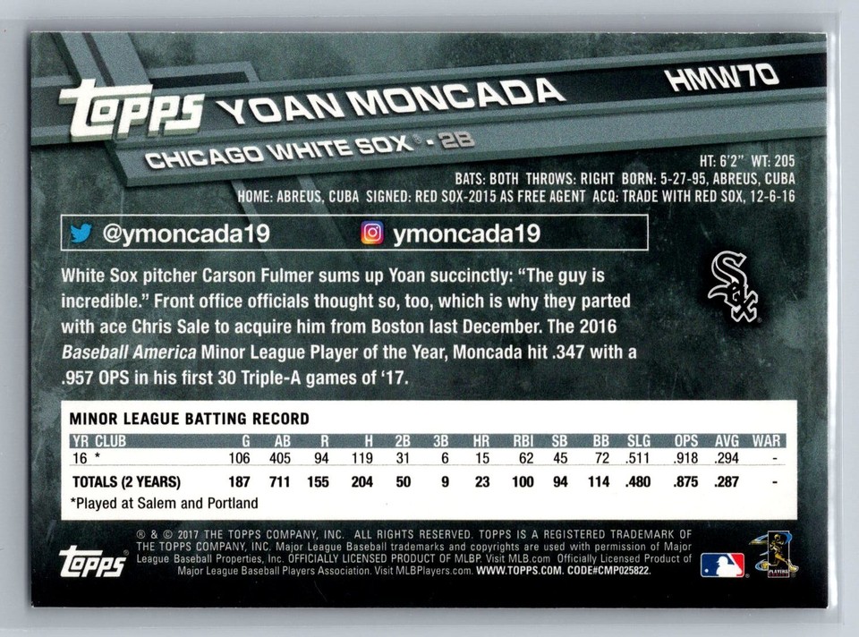 2017 Topps Holiday #HMW70 Yoan Moncada | eBay