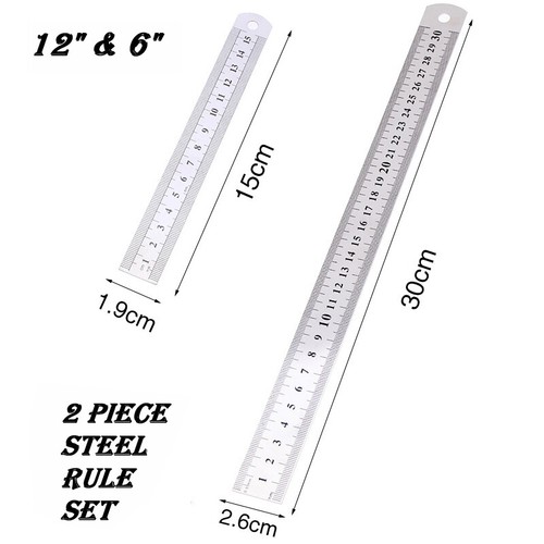 2x Stainless Ruler Set 6 & 12" Measuring Rule Imperial Metric Engineer ...