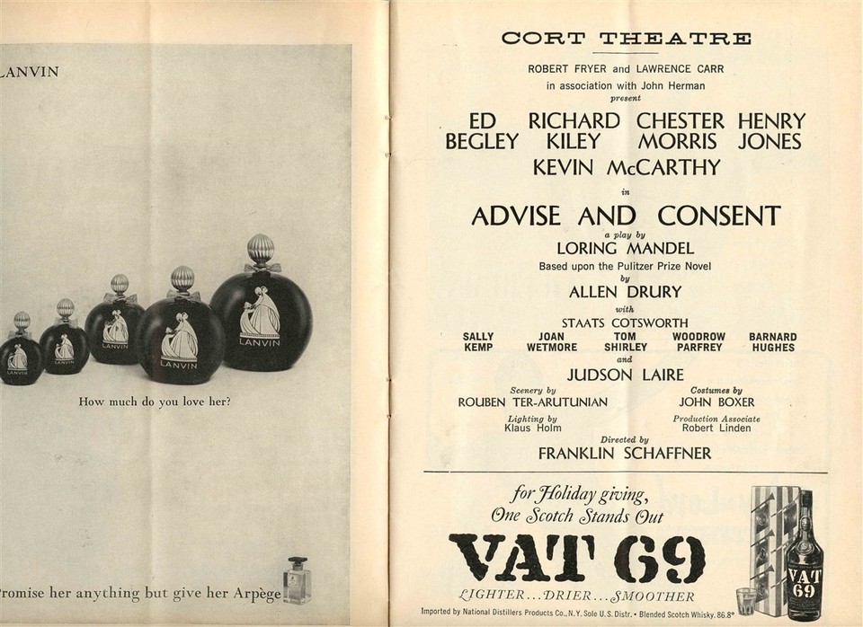Playbill Advise and Consent 1960 Ed Begley Richard Kiley Kevin McCarthy ...