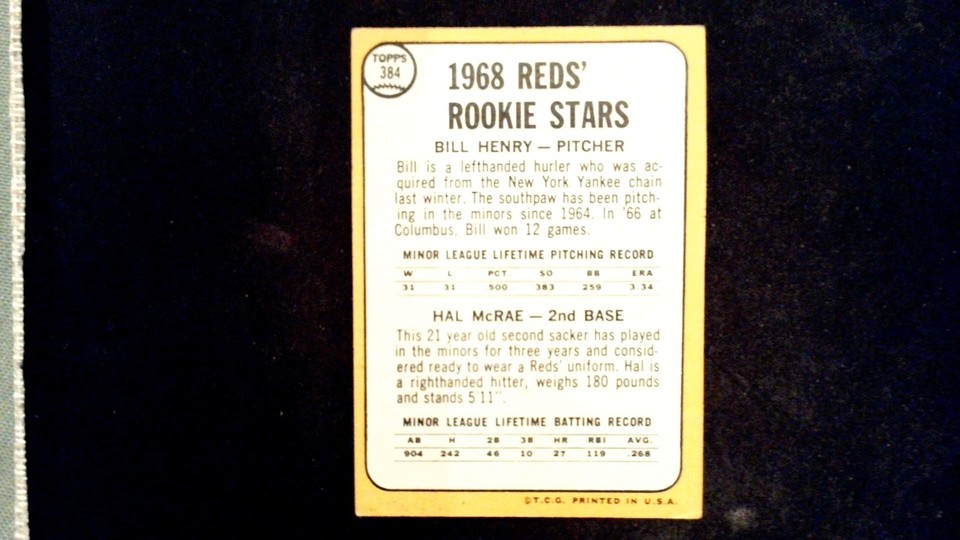 1968 Topps #384 Reds 1968 Rookie Stars (Bill Henry / Hal McRae) RS, RC ...