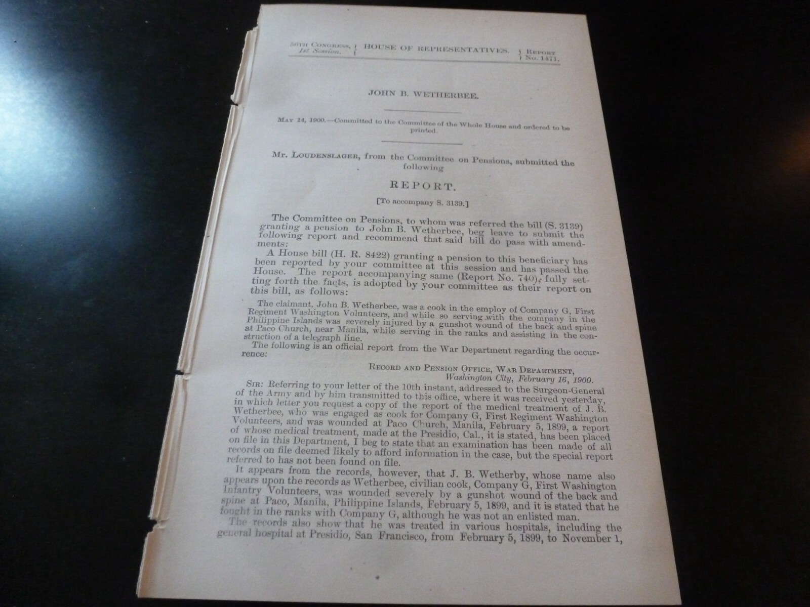 Government Report 1900 John Wetherbee Co G 1st Reg Washington Vol ...