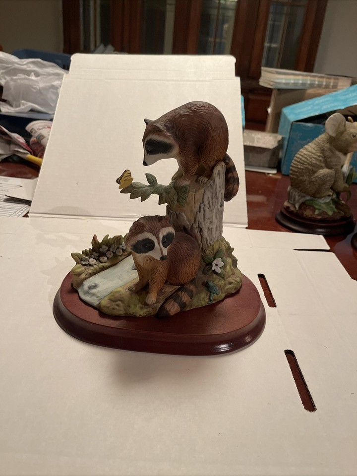 Racoon Family Figurine Andrea By Sadek Porcelain Figurine With Wooden ...
