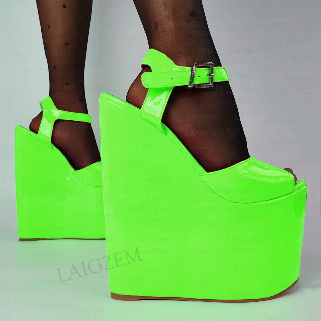 Women Sandals Platform Wedges 22CM Neon Colors Ankle Strap Pumps Height ...