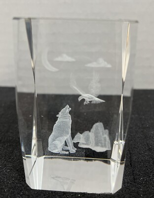 Laser-Etched Small 3D Paperweight Cube-Wolf Howling, Hawk-Outdoor Scene ...
