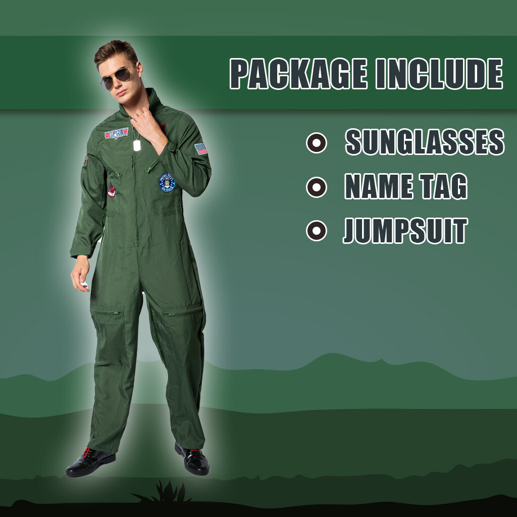Top Gun Costume Flight Uniform Aviator Fighter Pilot Jumpsuit 80s Fancy ...