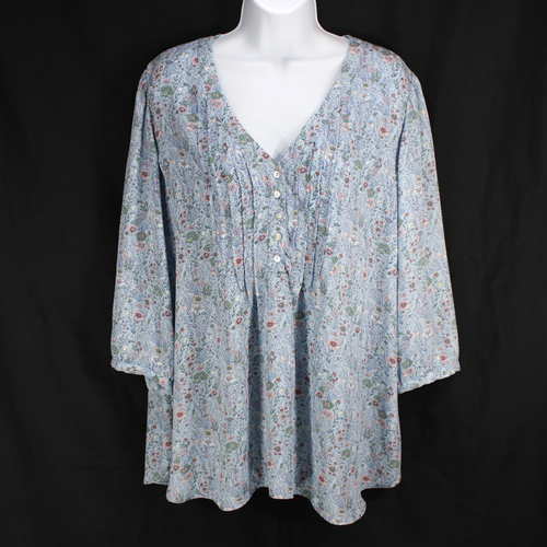 Rose & Olive Top Womens Plus 1X Blue Floral Pintuck Blouse Popover ...