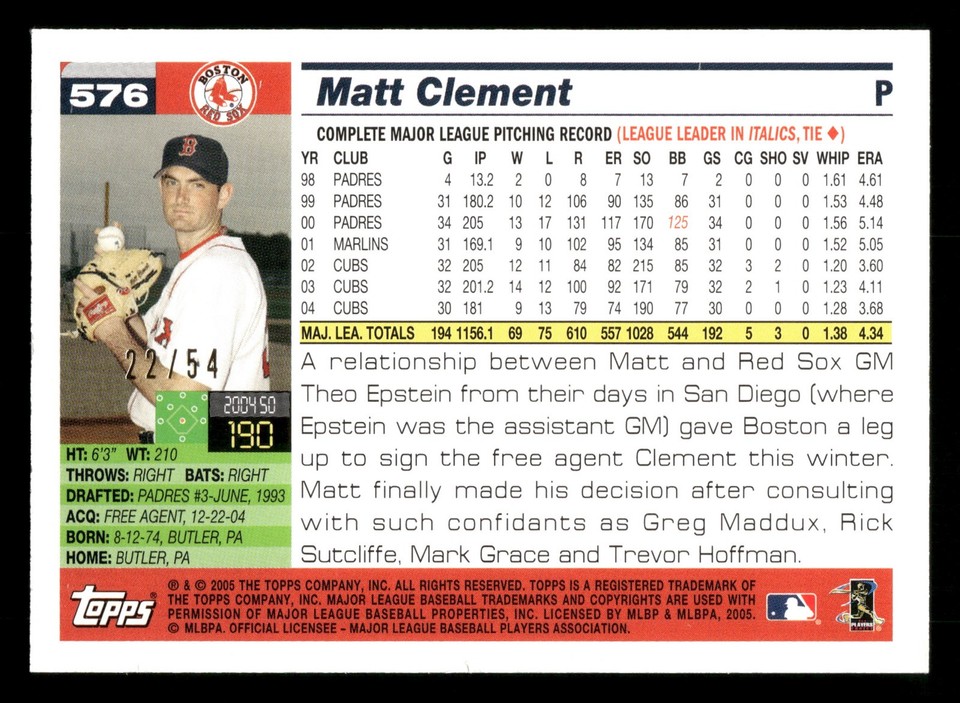 Matt Clement Boston Red Sox 2005 Topps Black #576 SN /54 | eBay