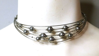 VINTAGE SILVER WIRE CHOKER MULTILAYER ROUND BEADS NECKLACE | eBay