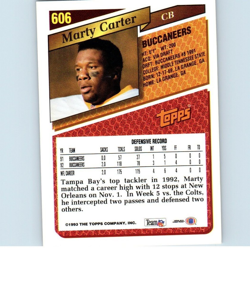 Marty Carter 606 Buccaneers 1993 Topps Football Trading Card | eBay