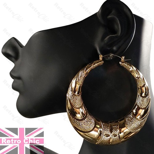 3"CREOLE HOOPS textured EARRINGS embossed gypsy creoles GOLD FASHION ...