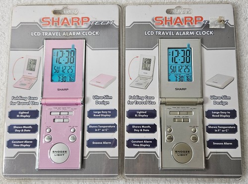 SHARP Tech LCD Travel Alarm Clock Ultra-Slim Design Folding Case Pink ...
