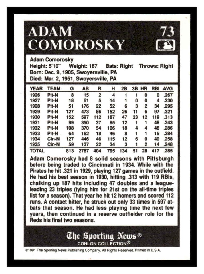 1991 Conlon Collection TSN #73 Adam Comorosky | eBay