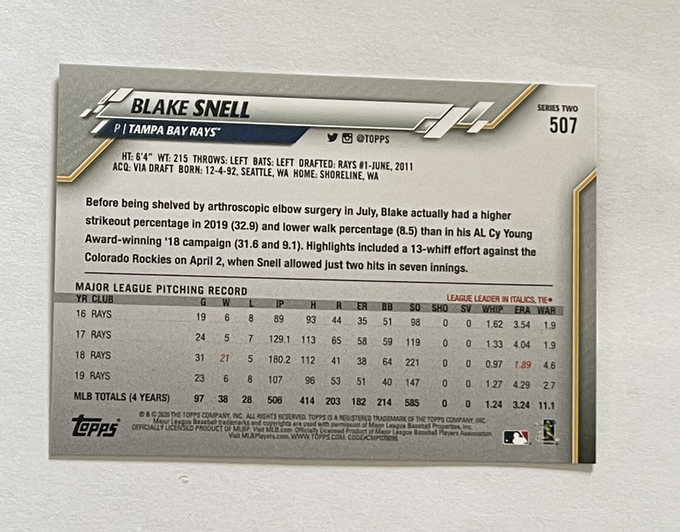 TOPPS 2020 BLAKE SNELL #507 PITCHER TAMPA BAY RAYS BASEBALL CARD | eBay