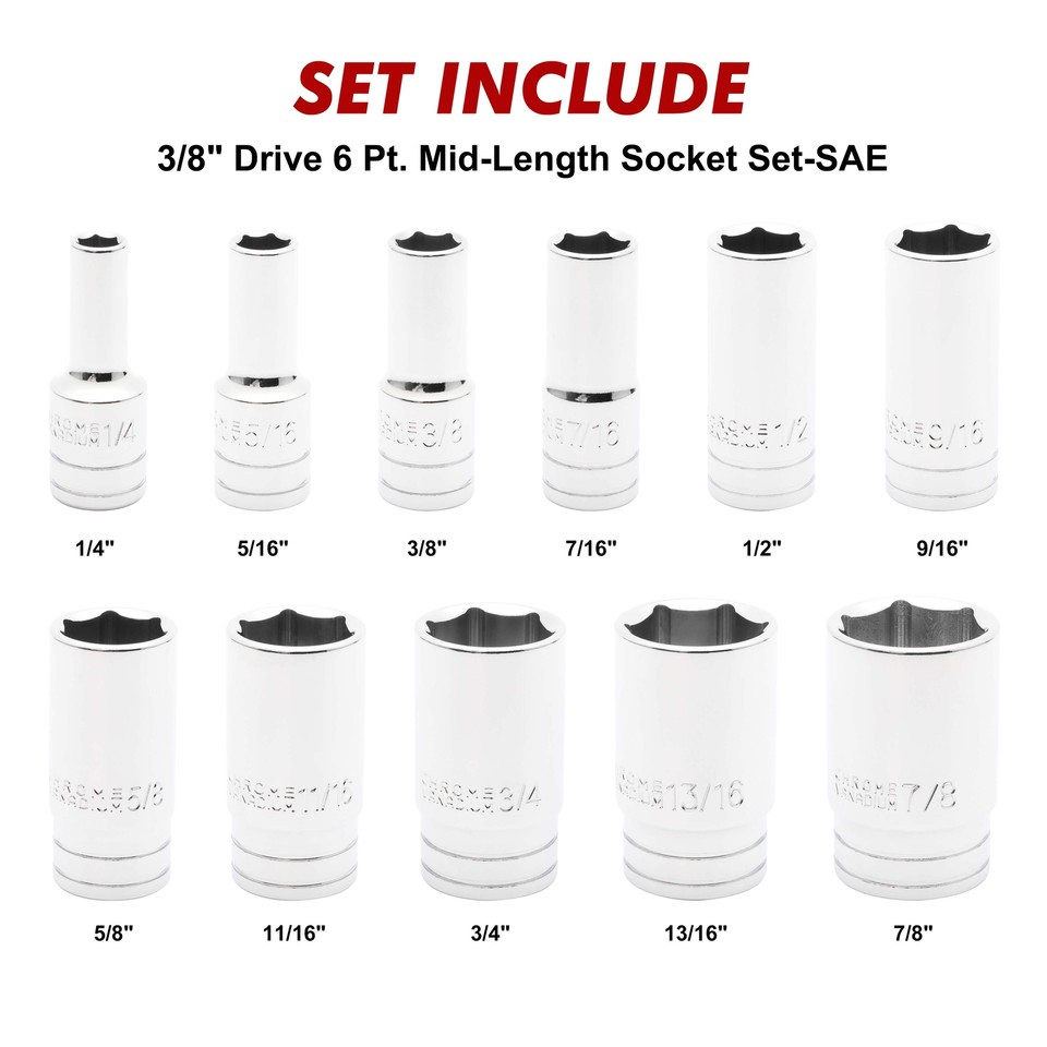11PCS 3/8" Drive 6 Point. Mid-Length Socket Set, SAE, Mirror Chrome ...